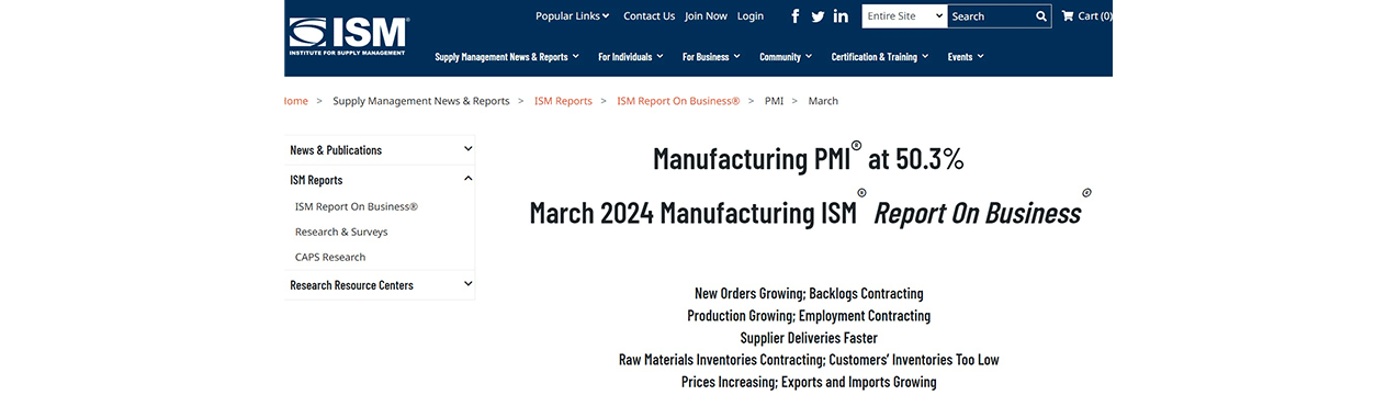 Laut dem ISM-Bericht vom März 2024 wächst die herstellende Industrie in ...